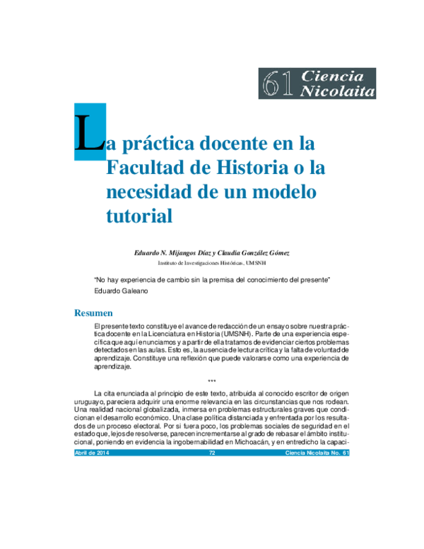 (PDF) La práctica docente en la Facultad de Historia o la necesidad de un modelo tutorial