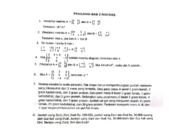 (PDF) ASESMEN SUMATIF BAB 2 MATRIKS KELAS XI MATEMATIKA WAJIB