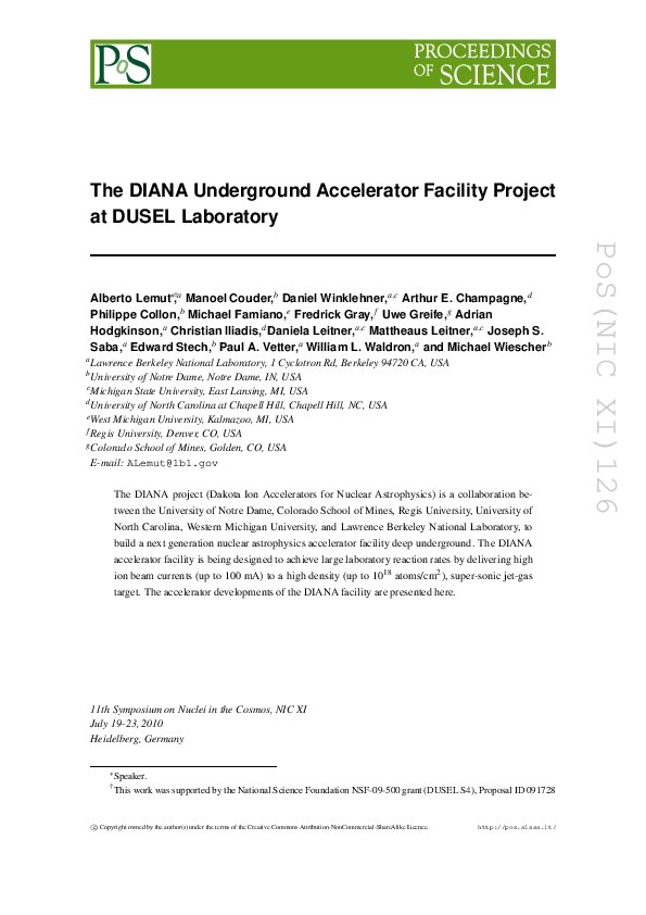 (PDF) The DIANA underground accelerator facility project at DUSEL ...