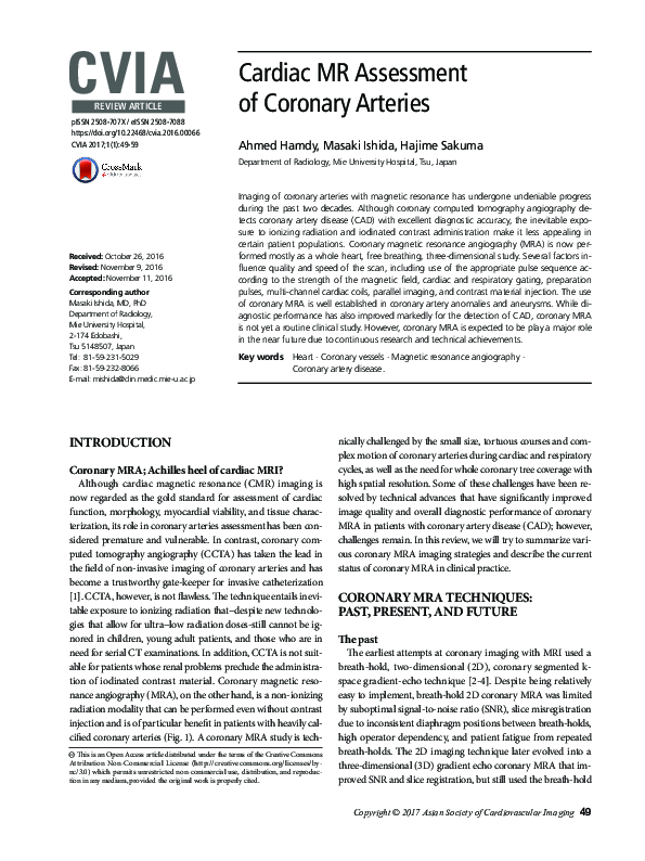 (PDF) Cardiac MR Assessment of Coronary Arteries