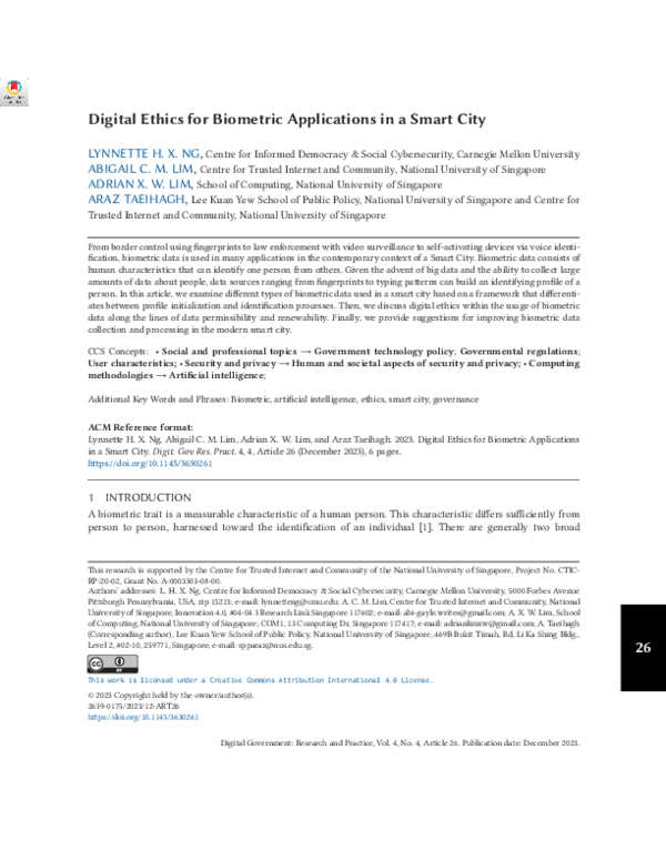 (PDF) Digital Ethics for Biometric Applications in a Smart City