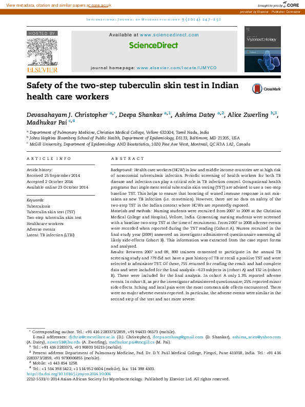 (PDF) Safety of the two-step tuberculin skin test in Indian health care ...