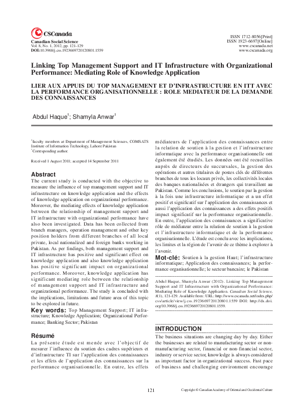 (PDF) Linking Top Management Support and IT Infrastructure with Organizational Performance ...