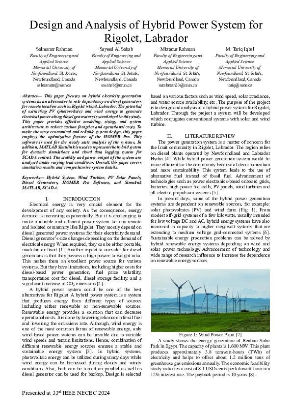 (PDF) Design and Analysis of Hybrid Power System for Rigolet, Labrador