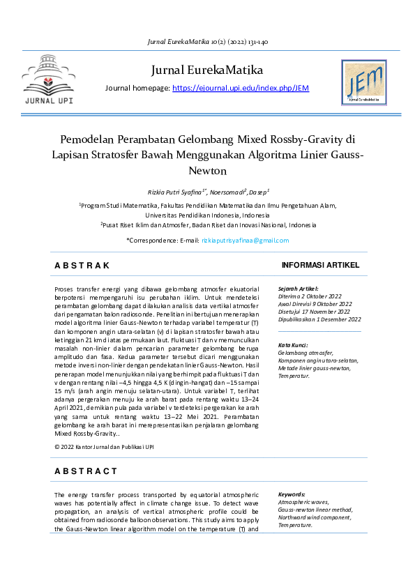 (PDF) Pemodelan Perambatan Gelombang Mixed Rossby-Gravity di Lapisan Stratosfer Bawah ...