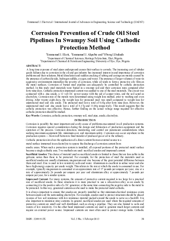 (PDF) Corrosion Prevention of Crude Oil Steel Pipelines In Swampy Soil ...