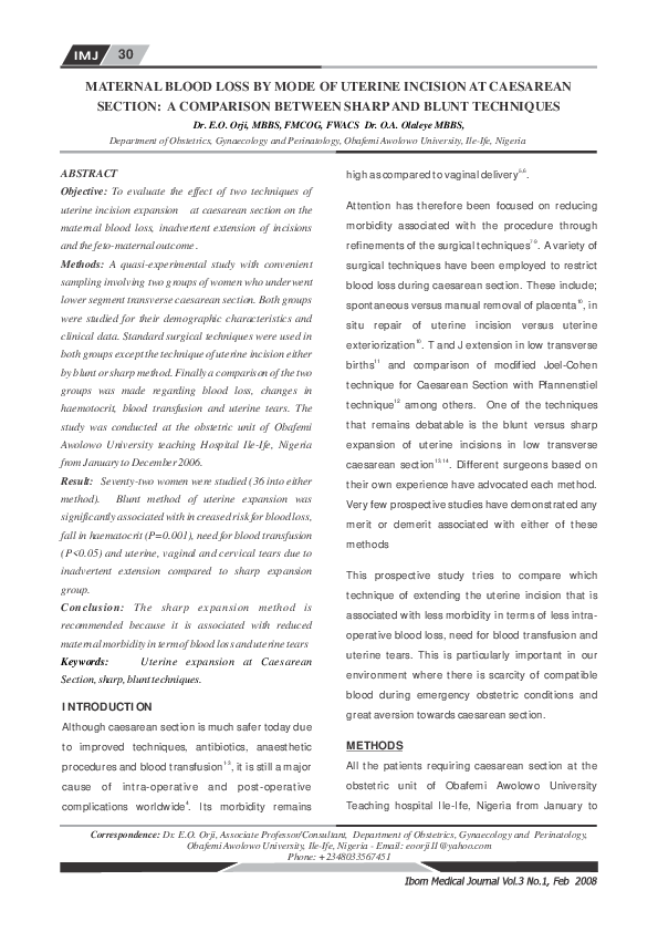 (PDF) Maternal blood loss by mode of uterine incision at caesarean ...