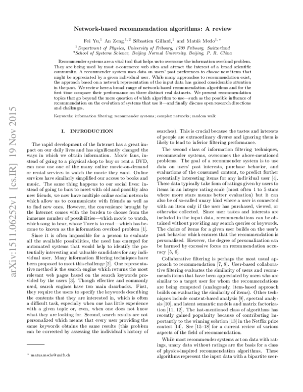 (PDF) Network-based recommendation algorithms: A review