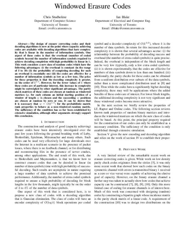 (PDF) Windowed Erasure Codes