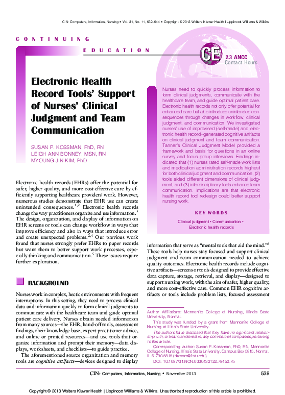 Pdf Electronic Health Record Tools Support Of Nurses Clinical