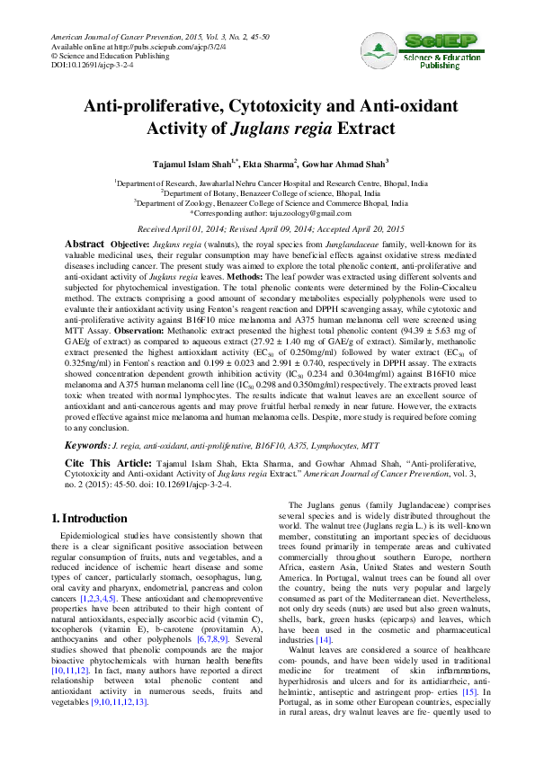 (PDF) Anti-proliferative, Cytotoxicity and Anti-oxidant Activity of Juglans regia Extract