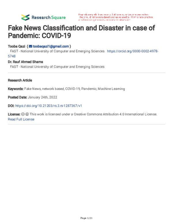 (PDF) Fake News Classification and Disaster in case of Pandemic: COVID ...