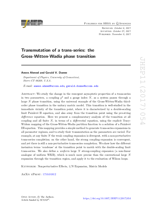 (PDF) Transmutation of a trans-series: the Gross-Witten-Wadia phase ...