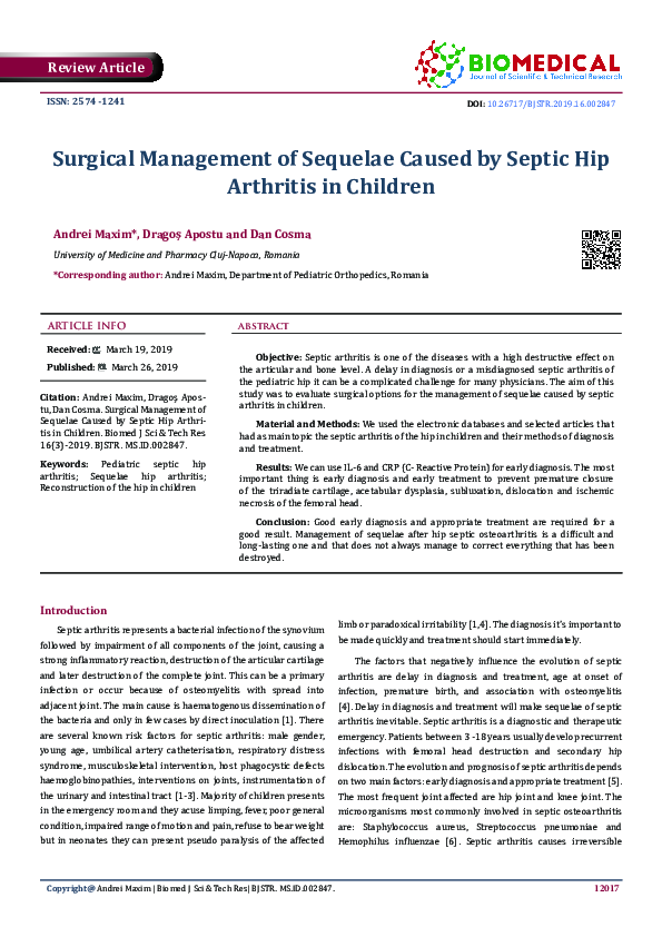 (PDF) Surgical Management of Sequelae Caused by Septic Hip Arthritis in ...