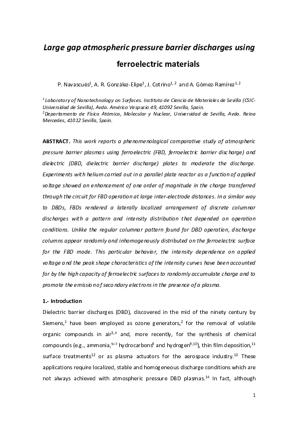 (PDF) Large gap atmospheric pressure barrier discharges using ferroelectric materials | Agustin ...