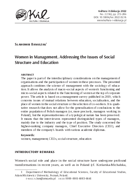 (PDF) Women in Management. Addressing the Issues of Social Structure ...