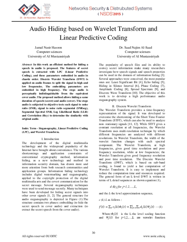 (PDF) Audio Hiding based on Wavelet Transform and Linear Predictive Coding