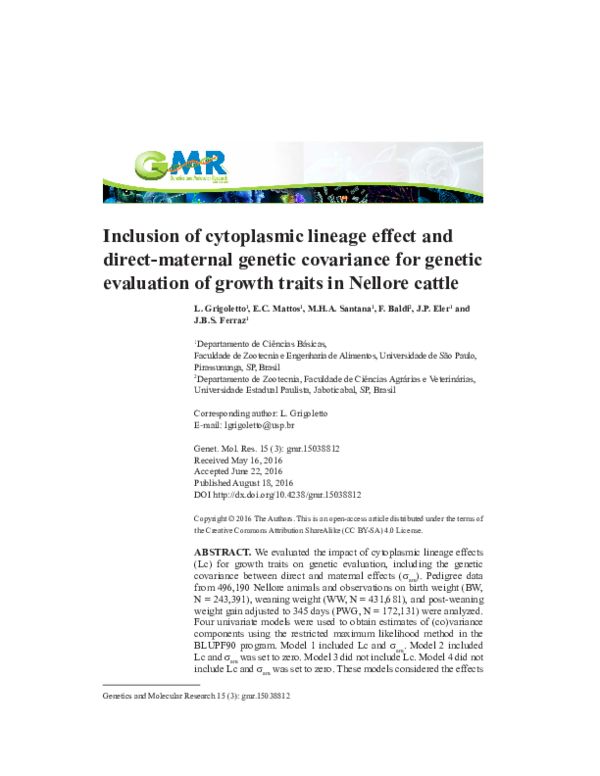 (PDF) Inclusion of cytoplasmic lineage effect and direct-maternal genetic covariance for genetic ...