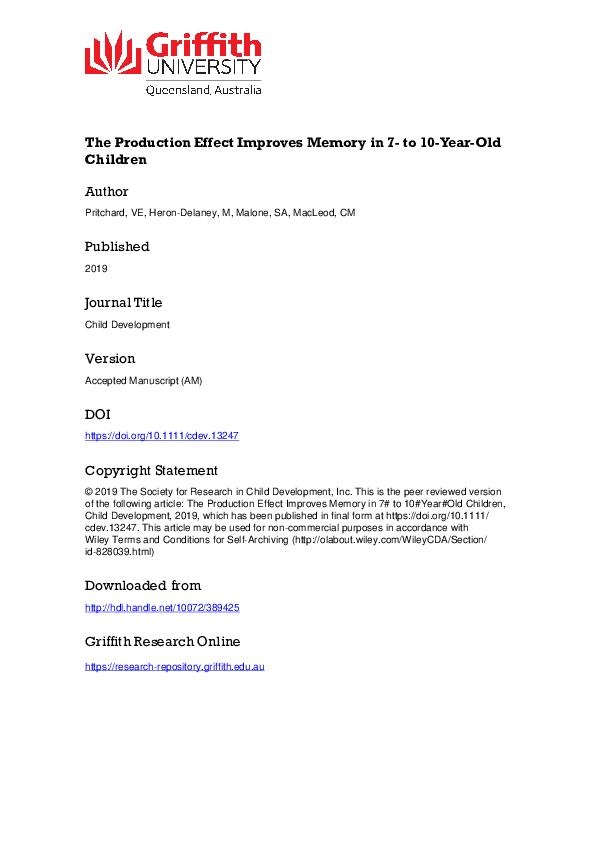 (PDF) The Production Effect Improves Memory in 7‐ to 10‐Year‐Old Children