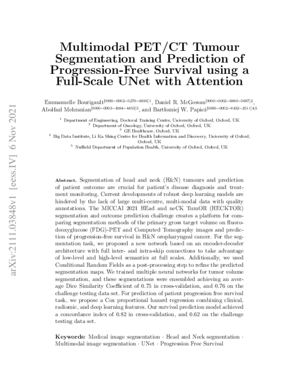 (PDF) Multimodal PET/CT Tumour Segmentation and Prediction of Progression-Free Survival Using a ...