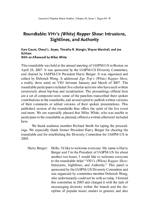 (PDF) Roundtable: VH1's (White) Rapper Show: Intrusions, Sightlines ...