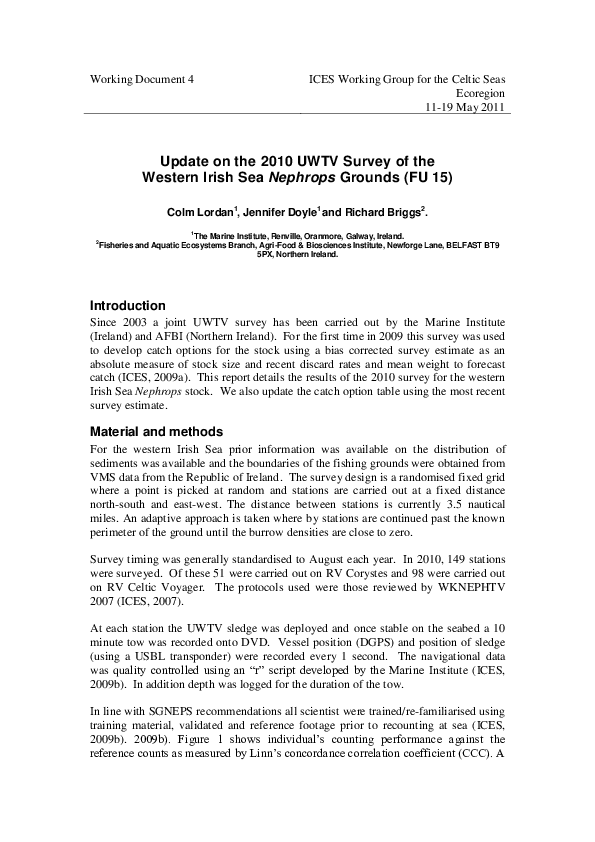 (PDF) Western Irish Sea Nephrops (FU15) 2010 UWTV Survey Report