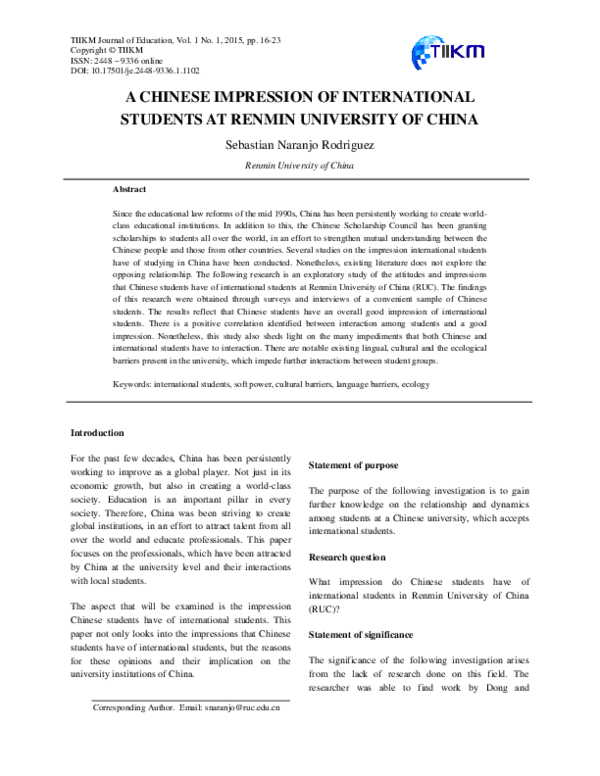 (PDF) A CHINESE IMPRESSION OF INTERNATIONAL STUDENTS AT RENMIN ...