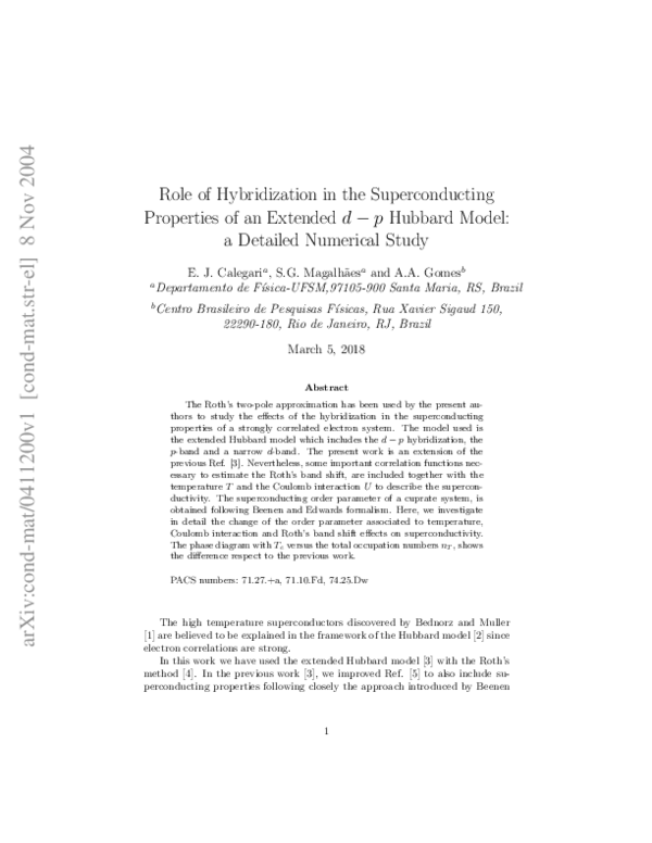 (PDF) Role of hybridization in the superconducting properties of an extended d–p Hubbard model ...