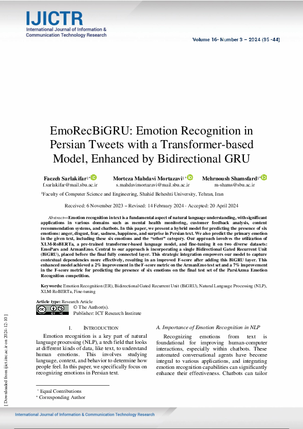 (PDF) EmoRecBiGRU: Emotion Recognition in Persian Tweets with a Transformer-based Model ...