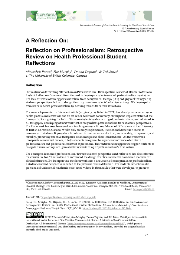 (PDF) A Reflection On: Reflection on Professionalism: Retrospective ...