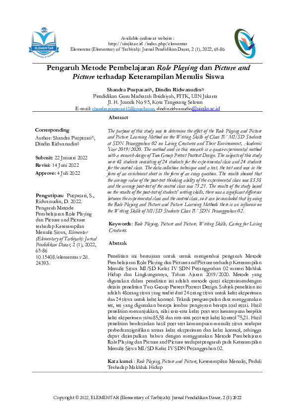 (PDF) Pengaruh Metode Pembelajaran Role Playing dan Picture and Picture terhadap Keterampilan ...