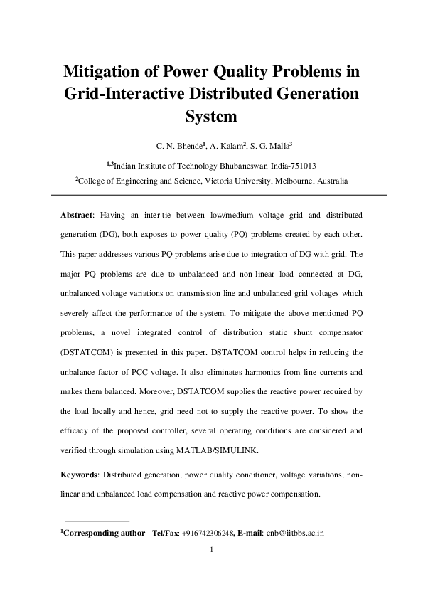 (PDF) Mitigation of Power Quality Problems in Grid-Interactive Distributed Generation System