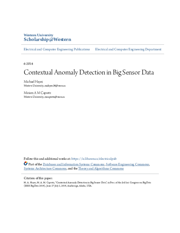 (PDF) Contextual Anomaly Detection in Big Sensor Data