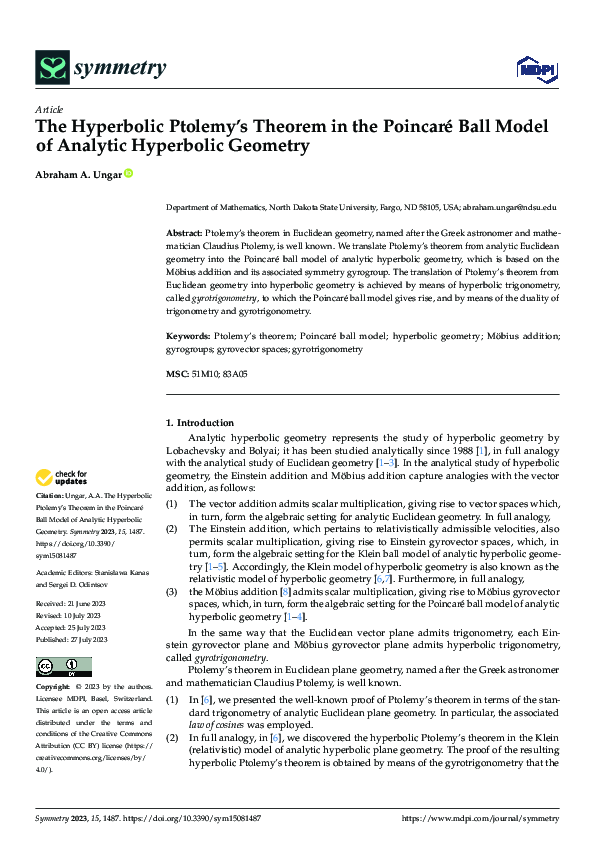 (PDF) The Hyperbolic Ptolemy’s Theorem in the Poincare Ball Model of ...