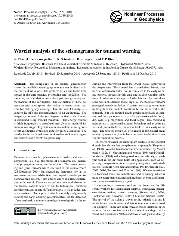 (PDF) Wavelet analysis of the seismograms for tsunami warning