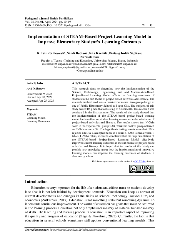 (PDF) Implementation of STEAM-Based Project Learning Model to Improve Elementary Student’s ...
