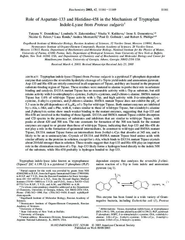 (PDF) Role of Aspartate-133 and Histidine-458 in the Mechanism of ...
