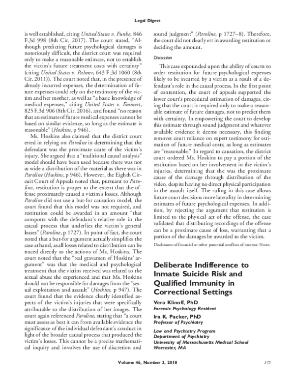 (PDF) Deliberate Indifference to Inmate Suicide Risk and Qualified ...
