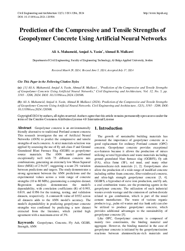 (PDF) Prediction of the Compressive and Tensile Strengths of Geopolymer Concrete Using ...