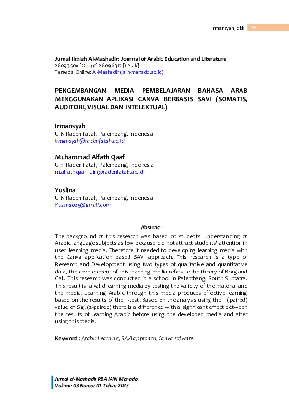 (PDF) Pengembangan Media Pembelajaran Bahasa Arab Menggunakan Aplikasi Canva Berbasis Savi ...