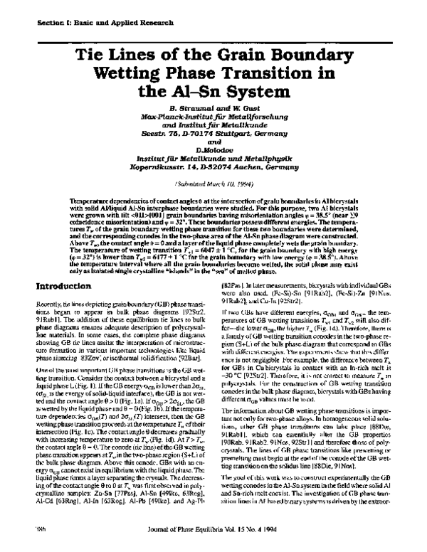 (PDF) Tie lines of the grain boundary wetting phase transition in the ...