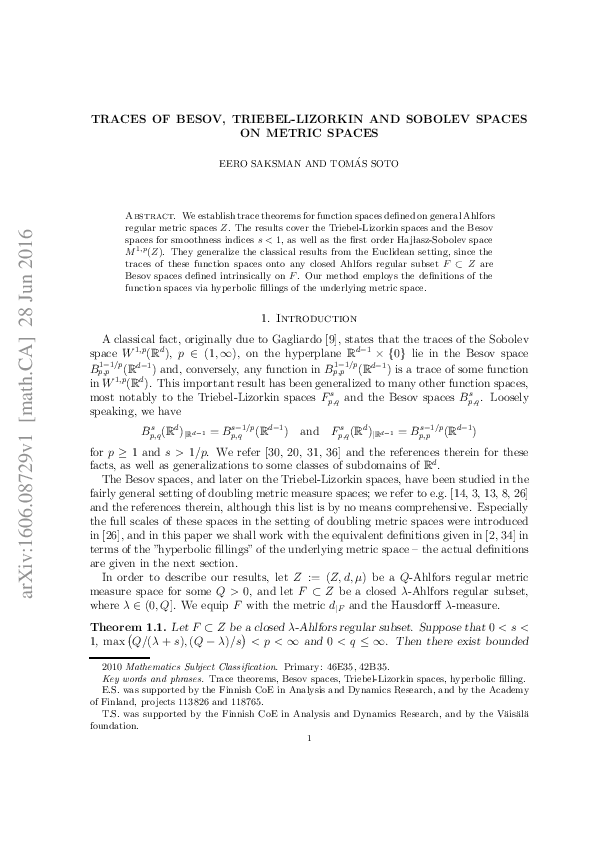 Pdf Traces Of Besov Triebel Lizorkin And Sobolev Spaces On Metric Spaces