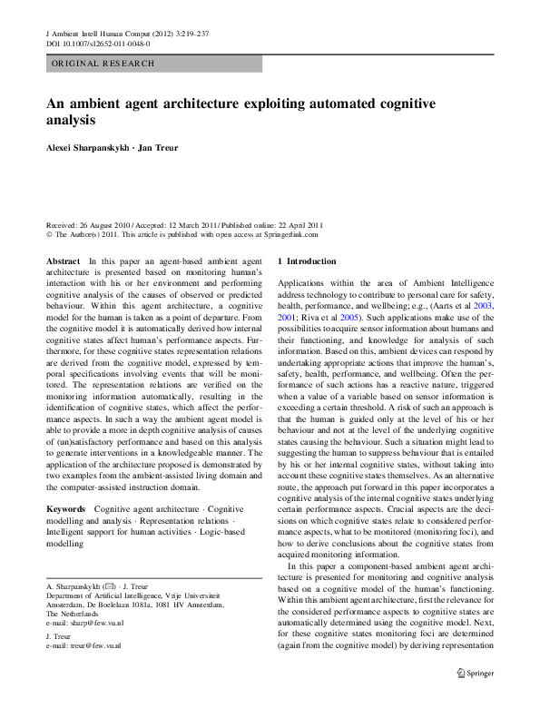 (PDF) An ambient agent architecture exploiting automated cognitive analysis