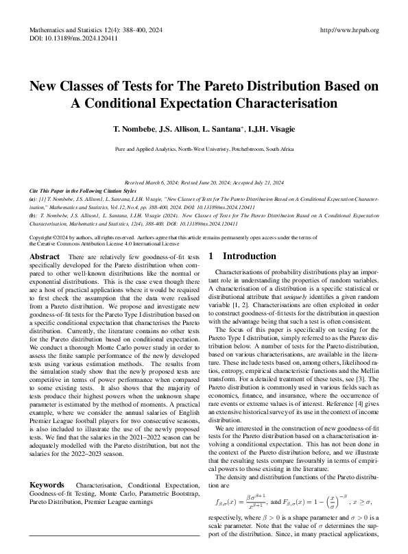 (PDF) New Classes of Tests for The Pareto Distribution Based on A ...