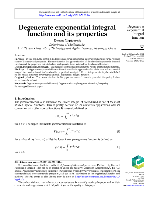 (PDF) Degenerate exponential integral function and its properties | Kwara Nantomah - Academia.edu