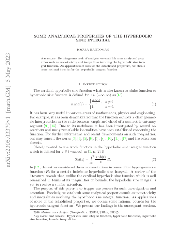 (PDF) Some Analytical Properties of the Hyperbolic Sine Integral
