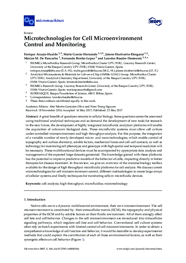 (PDF) Microtechnologies for Cell Microenvironment Control and Monitoring