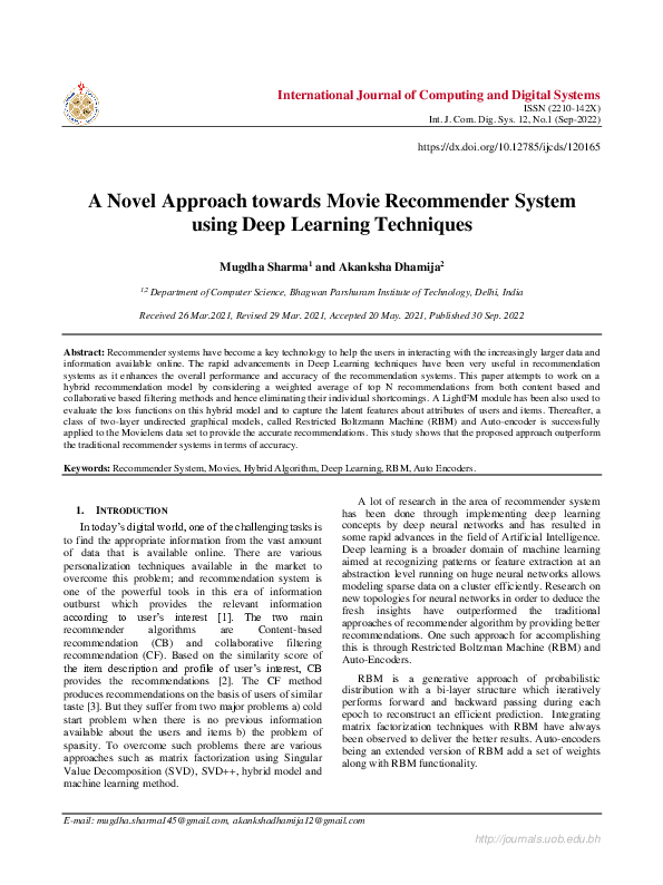 (PDF) A Novel Approach towards Movie Recommender System using Deep Learning Techniques