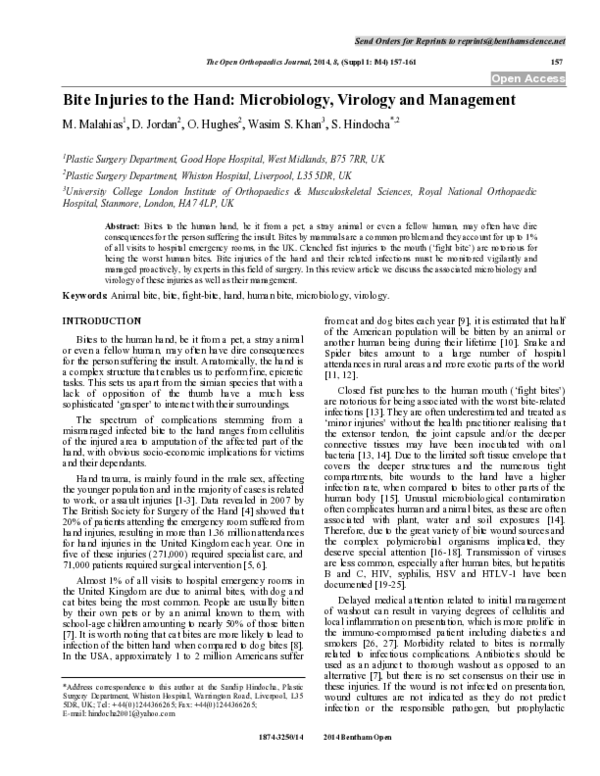 (PDF) Bite Injuries to the Hand: Microbiology, Virology and Management