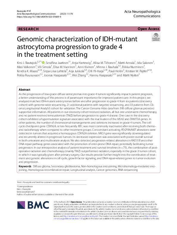 (PDF) Genomic characterization of IDH-mutant astrocytoma progression to grade 4 in the treatment ...